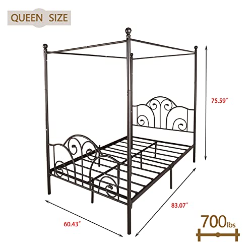 RYR Queen Size Canopy Bed Frame Four Poster Metal Platform Bed with Headboard Footboard, No Box Spring Needed Black