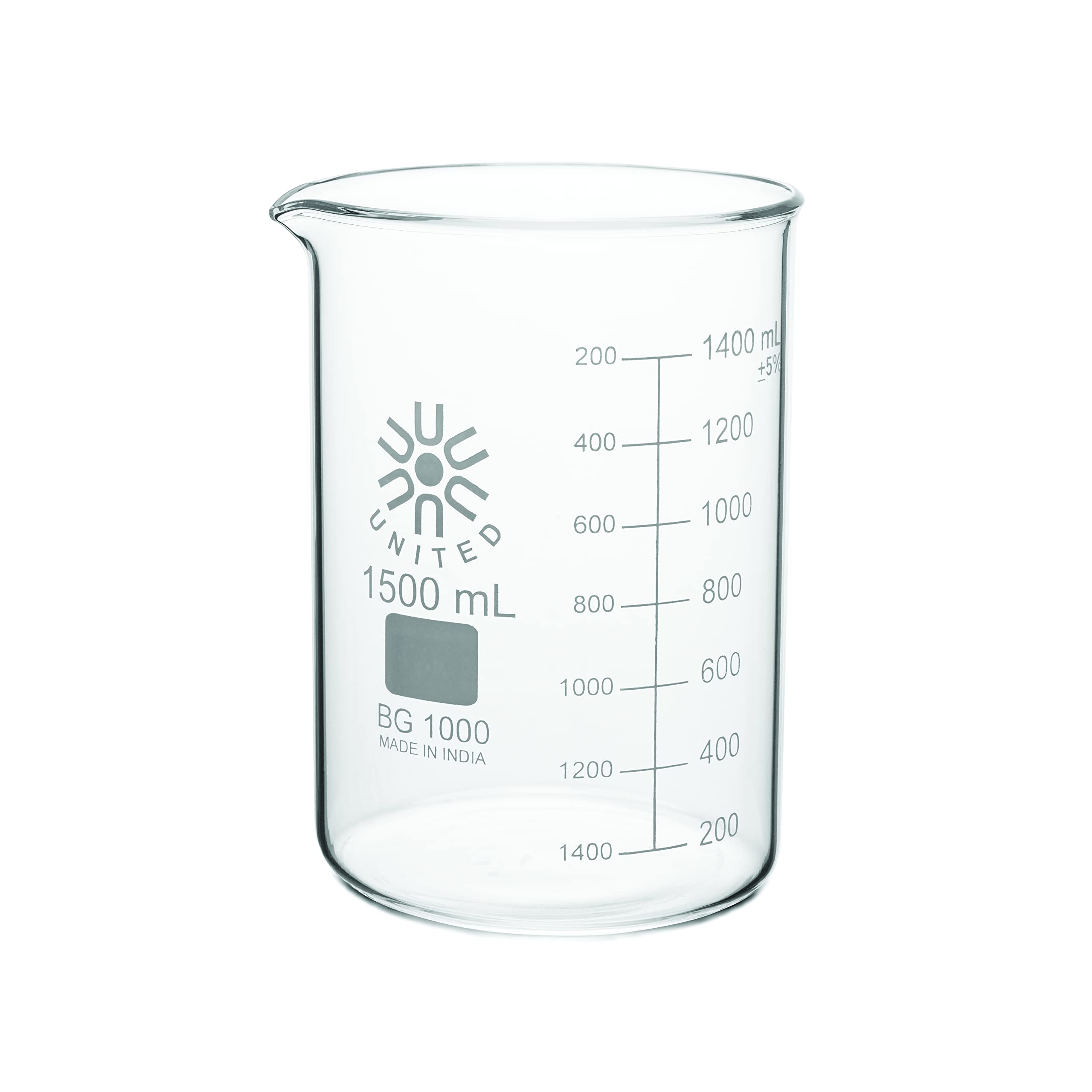 United Scientific™ BG1000-1500 Borosilicate Laboratory Grade Glass Beakers| Griffin Style Low Form Beaker | Graduated with Spout | Designed for Laboratories & Chemistry Classrooms| 1500mL Pack of 4