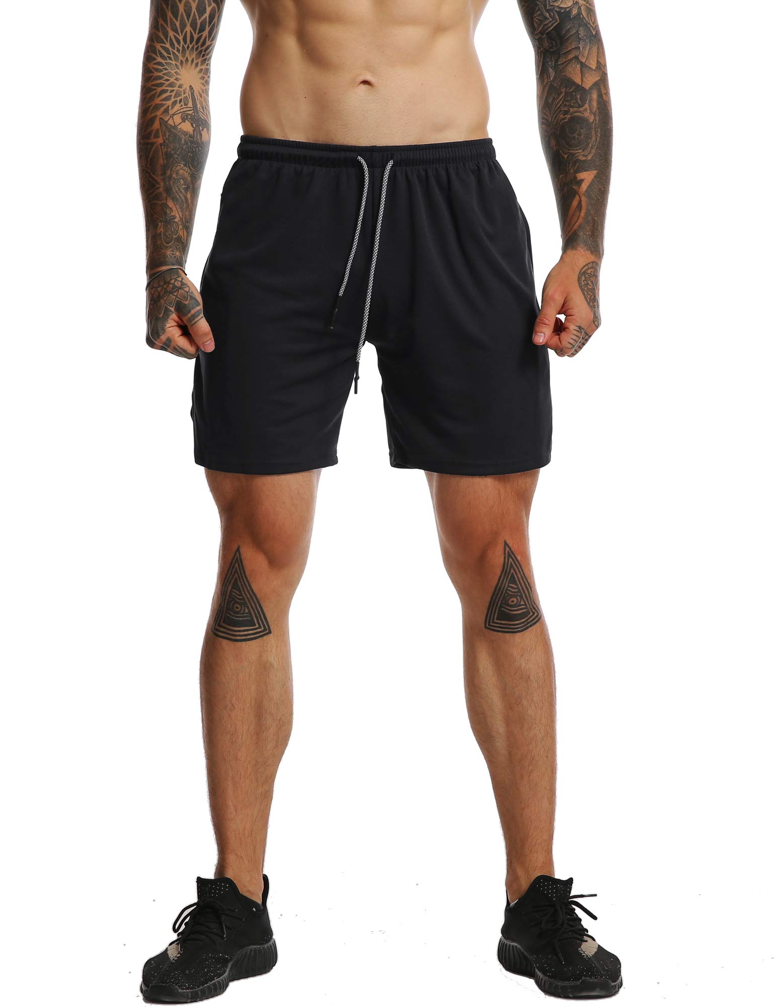 FLYFIREFLY Men's 2-in-1 Workout Running Shorts 7" Lightweight Gym Yoga Training Sport Short Pants Black