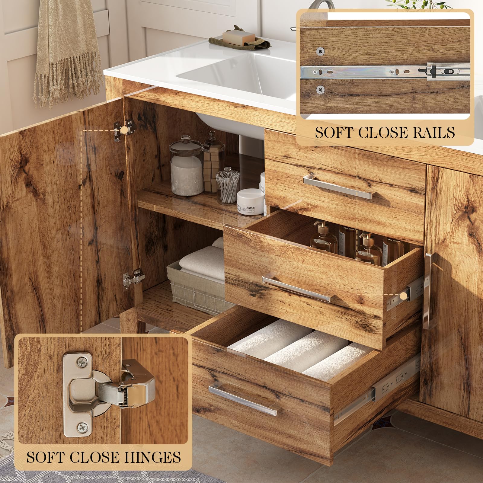 LUXOAK High Gloss 60" Bathroom Double Vanity with Sink, Wood Grains Bathroom Cabinet with Storage & Aluminum Handles & Soft Closing Doors, Retro, Yellow Oak