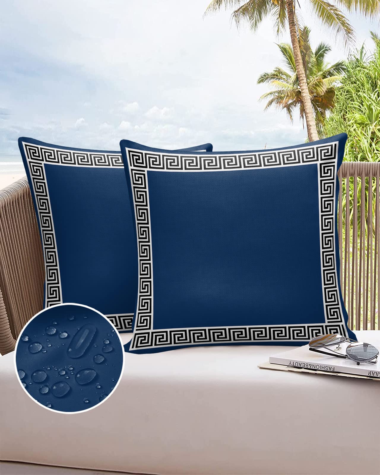Outdoor Waterproof Pillow Covers for Patio Furniture Geometric Greek Key Design Decorative Throw Pillow Cover Navy Blue Pillowcases Set of 2 Cushion Case for Sofa Couch Chair Home Decor 26x26 inch