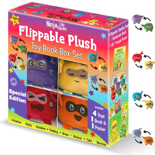 Ninja Life Hacks Flippable Toy CBT Book Box Gift Set (Angry Ninja + Positive Ninja, Nervous + Calm Ninja, Anxious + Brave Ninja, Thinking + Impulsive Ninja)