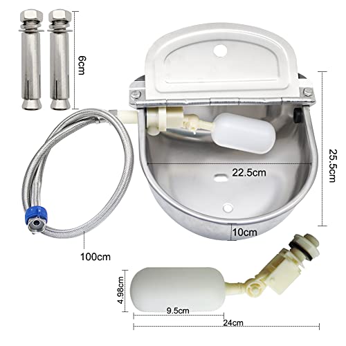 Stainless Steel Automatic Livestock Waterer Dog Waterer Bowl Upgraded Bottom Drain Hole With Water Hose (3/4'') and Float Valve and Two Expansion Screws, for Cattle Horse Goat Sheep Animals Pet