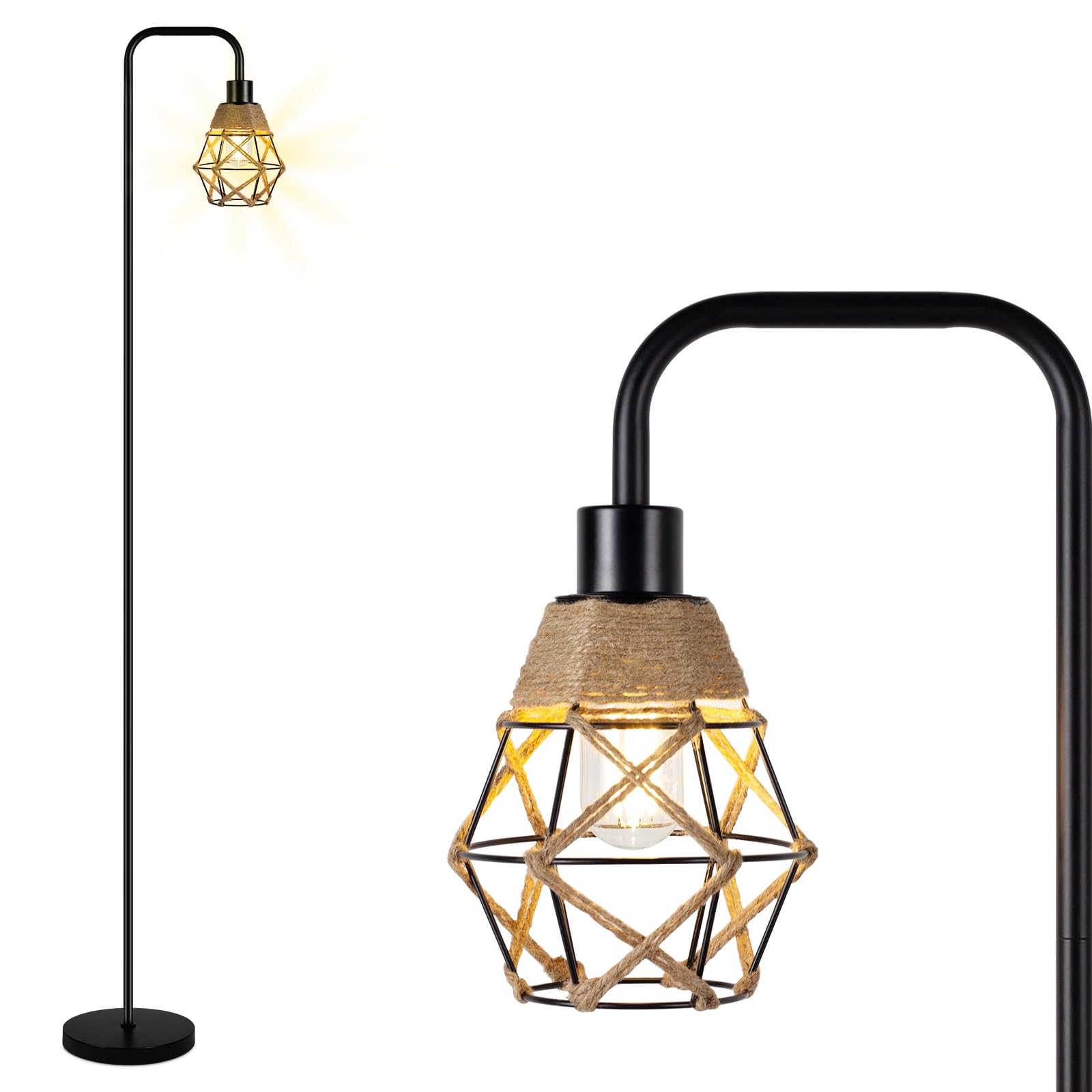 Floor Lamp, Standing Lamp with 9w Led Bulb, ETL Certified E26 Socket, Hemp Rope Design for Decorative Lighting, Modern Tall Lamp for Bedroom, Kids Room, Reading, Dorm