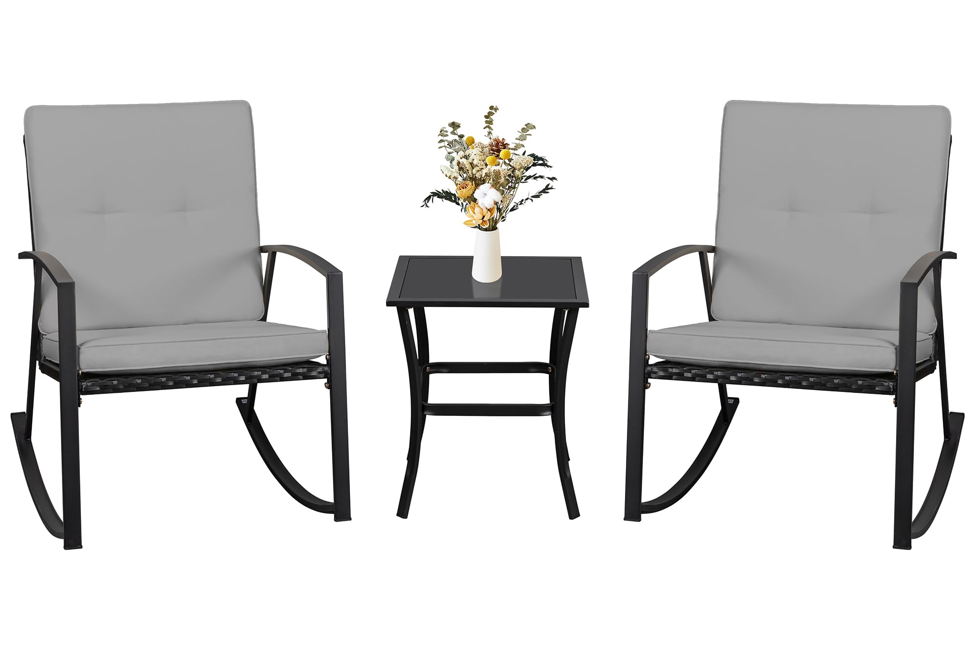 Walsunny 3 Pieces Patio Set Outdoor Wicker Patio Furniture Sets Modern Rocking Bistro Set Rattan Chair Conversation Sets with Coffee Table (Grey)