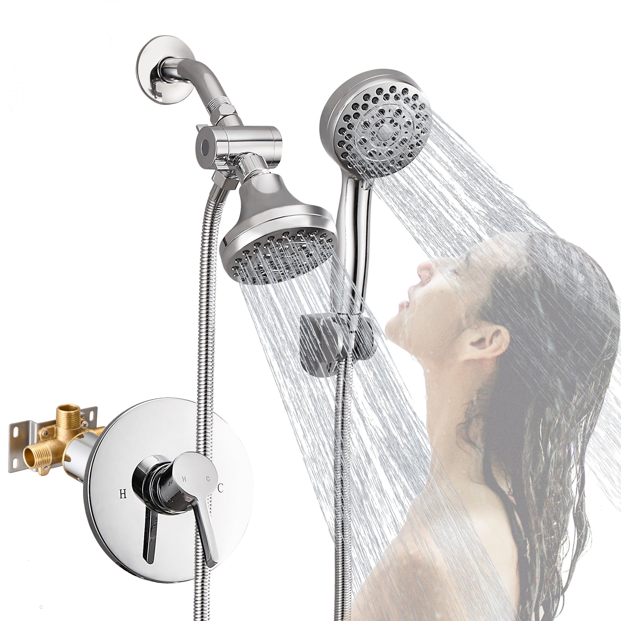 FRANSITON Shower Faucet System with Bathroom Spout Rain Shower Kit, High Pressure Handheld Shower Head 35-Function Dual 2 in 1 Shower Combo Faucet Set with Valve Trim Kit Black