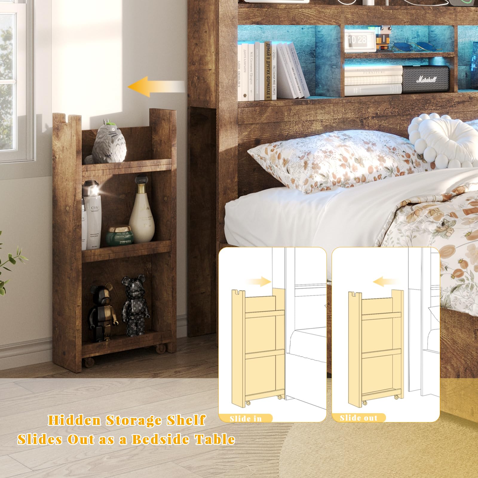 LUXOAK King Bed Frame with 49.6" Bookcase Headboard & 2 Bedside Stoage Racks & 4 Drawers, Farmhouse Wood Bed Frame with RGB LED & Charging Station, No Box Spring Needed, Rustic Brown
