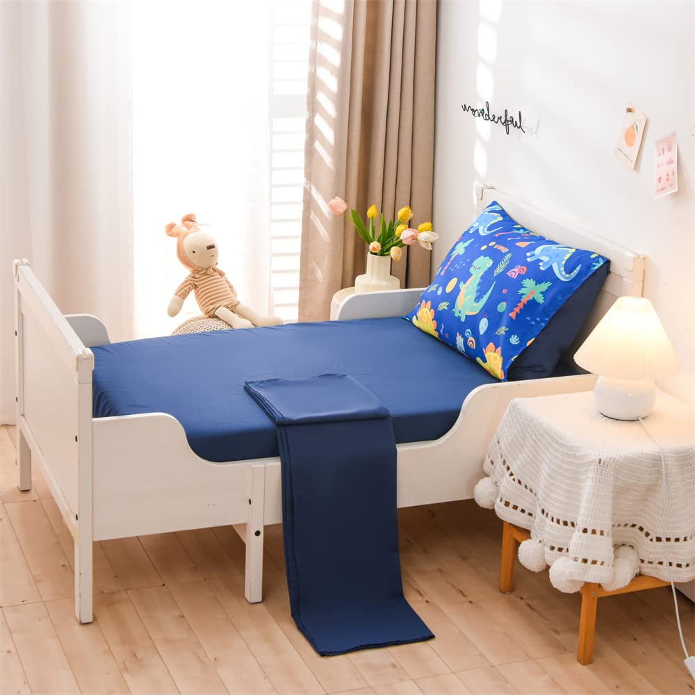 Holawakaka 4 PCS Boys Dinosaur Toddler Bedding Set, Colorful Dinosaurs Printed on Navy Blue, includes Quilted Comforter, Fitted Sheet, Flat Sheet, and Pillow Case for Kids