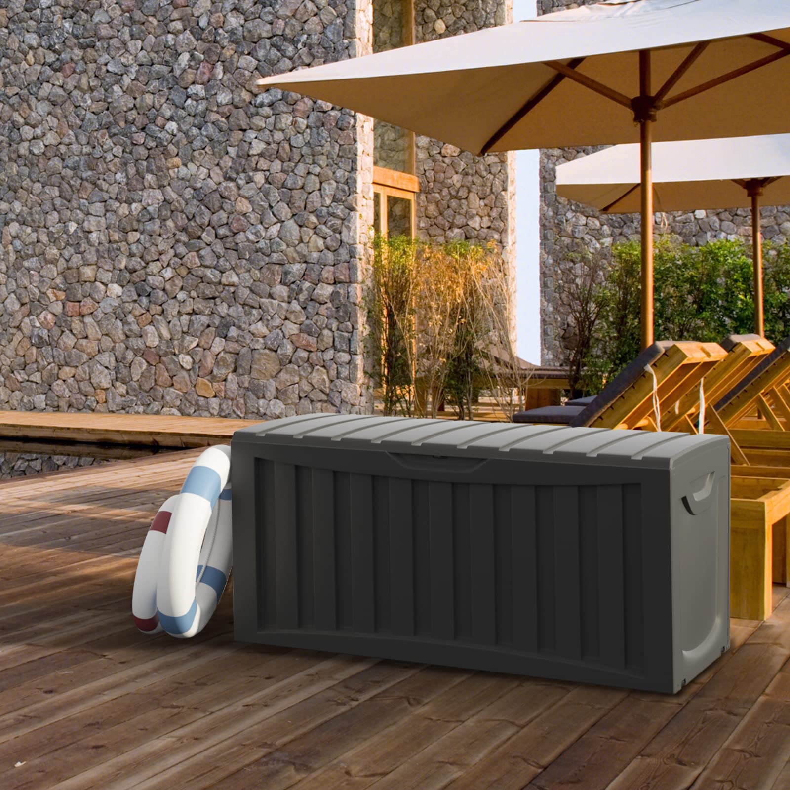Goplus Outdoor Storage Box, Waterproof 90 Gallon Deck Box with Lockable Lid, Moving Rollers, Handle for Cushion, Pillow, Toy Garden Tools, Outdoor Resin Patio Storage Box for Lawn Yard, Easy Assembly