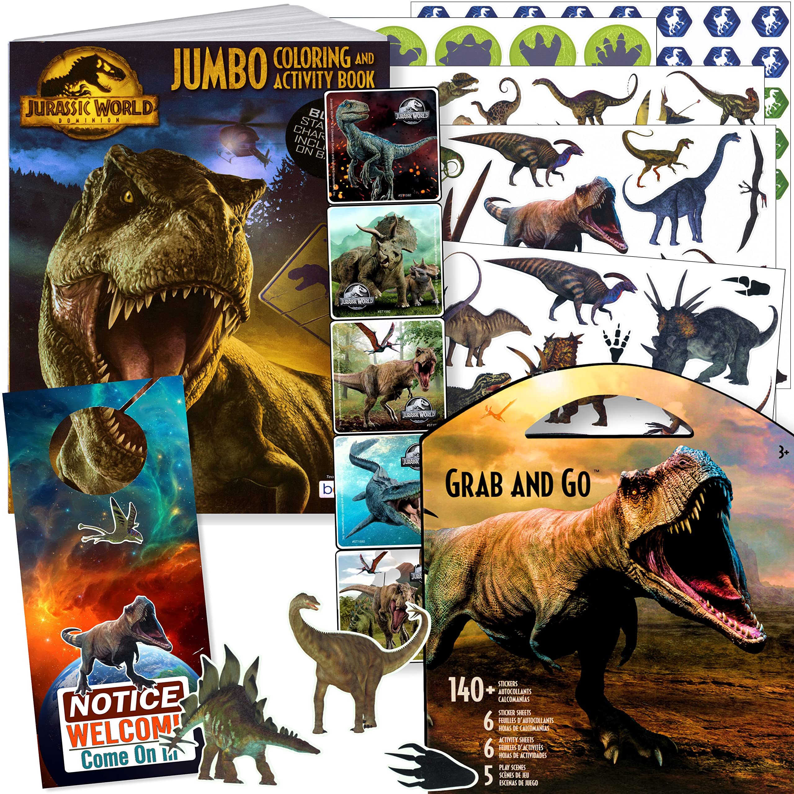 Jurassic World Dinosaur Stickers and Coloring Activity Set – Bundle Includes Dinosaur Stickers Grab and Go, Jurassic World Coloring Book, Dinosaur Reward Stickers, and Dinosaurs Door Hanger Craft