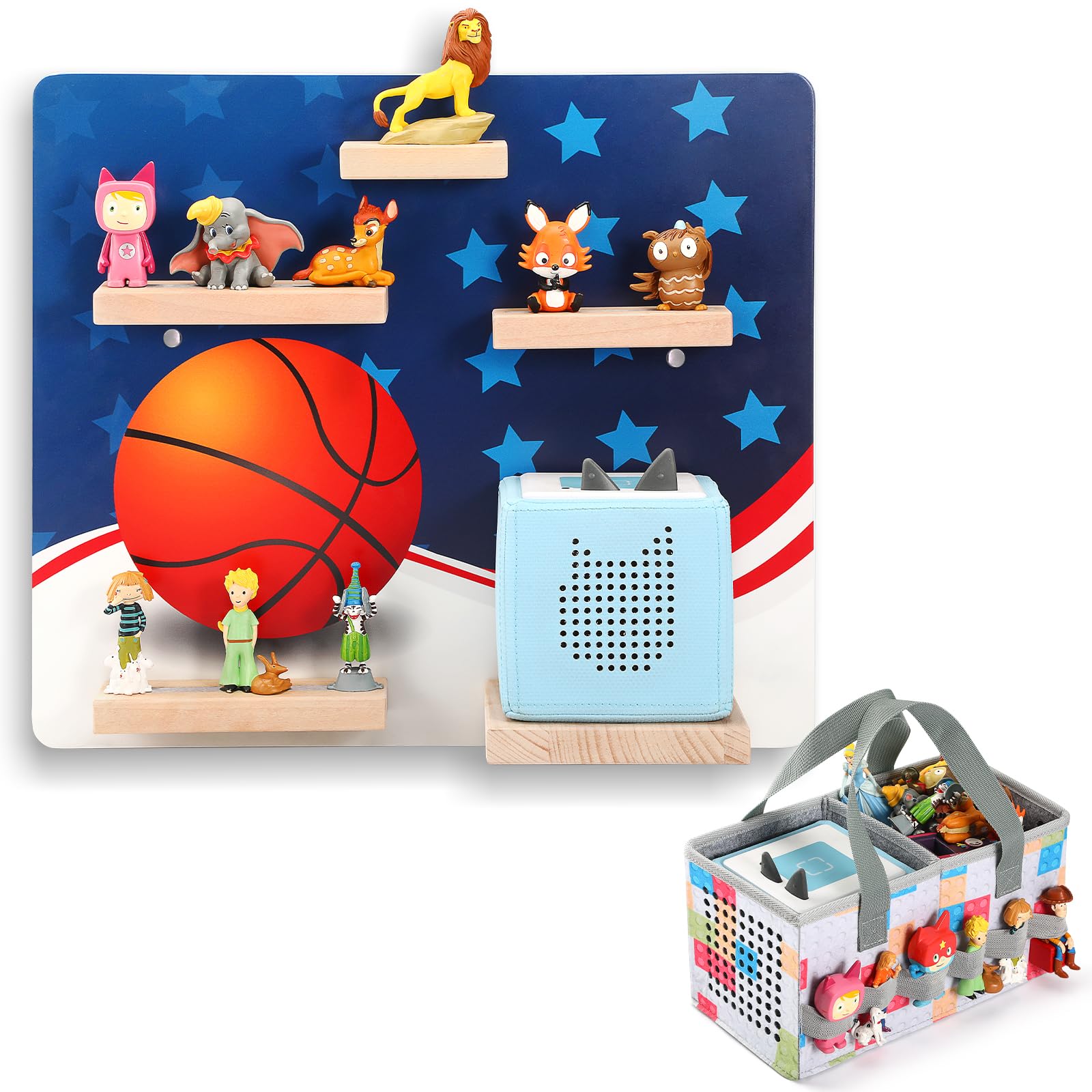MIOGREN Magnetic Wooden Floating Shelf -with for Toniebox Starter Set(Compatible) Kids Storage Rack,for Toniebox,Headphones,Charging Station and Tonie Figures.(Sun)