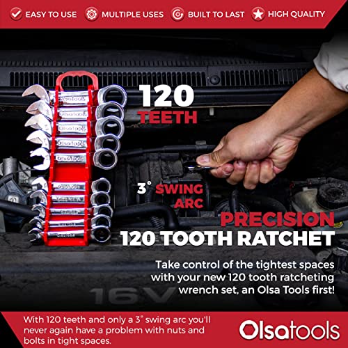 Olsa Tools Stubby Ratchet Wrench Set (SAE 11pc) | 6-Point Box End Ratchet Wrenches Set | 120 Tooth Ratcheting Wrench Sets | Works on Stripped and Rounded Bolts | Professional Grade Spanner Wrench