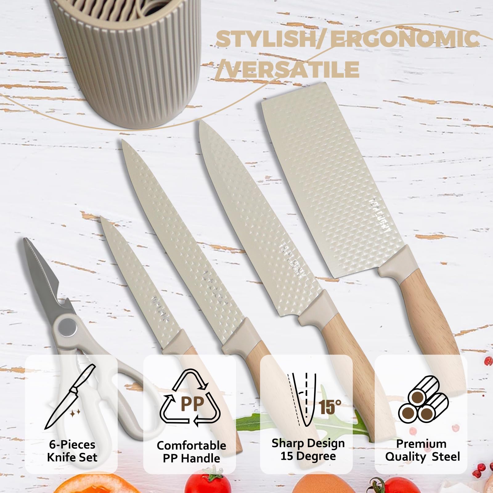 Knife Set, 6-Piece Versatile Kitchen Knife Set Khaki Sharp Knife Sets for Kitchen with Block Professional Chef Knife Block Set, Anti-Rust Stainless Steel Knives Set for Kitchen, Space Saver Knives Set