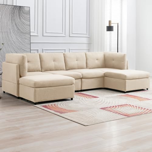 Mjkone Convertible Sofa Couch, Modern U Shaped Sofa with Tufted Back Cushion, 6 Seat Oversized Sectionals Sofa Couch with Ottomans for Living Room/Apartment/Office (Beige)