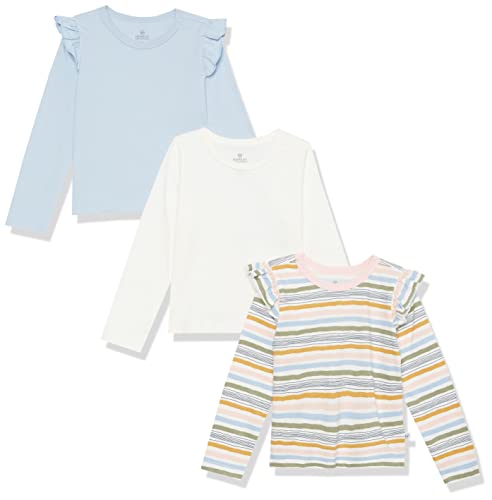 HonestBaby 3-Pack Organic Cotton Flutter Long Sleeve Fashion T-Shirts (LEGACY), Hand Drawn Nature Stipe Blue, 3T