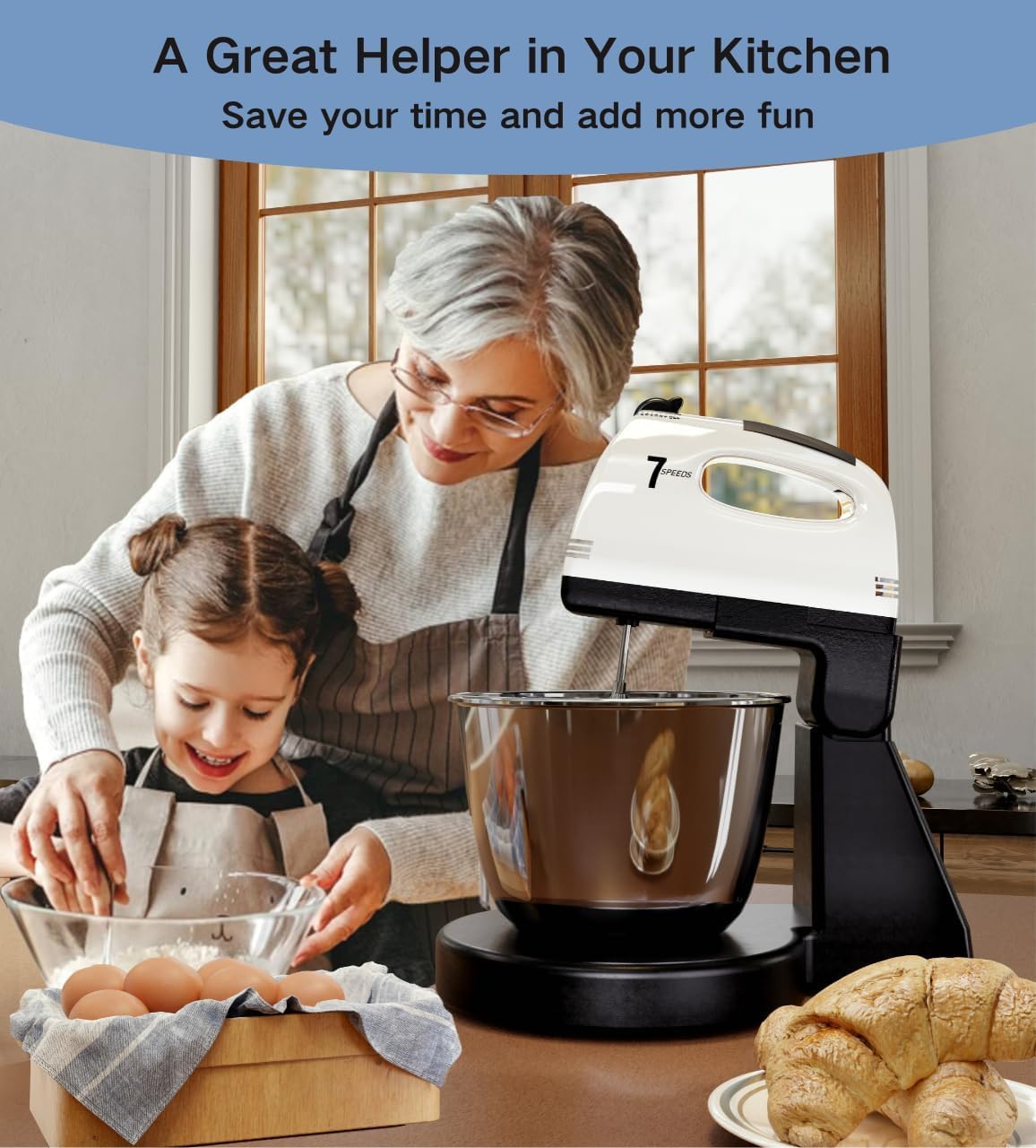 Stand Mixers, 7 Speeds With 3QT Stainless Steel Bowl, Stand and Hand Mixer with Dough Hook, Whisk, Mixing Beater for Baking, Cake, Cookie, Kneading (QD1)