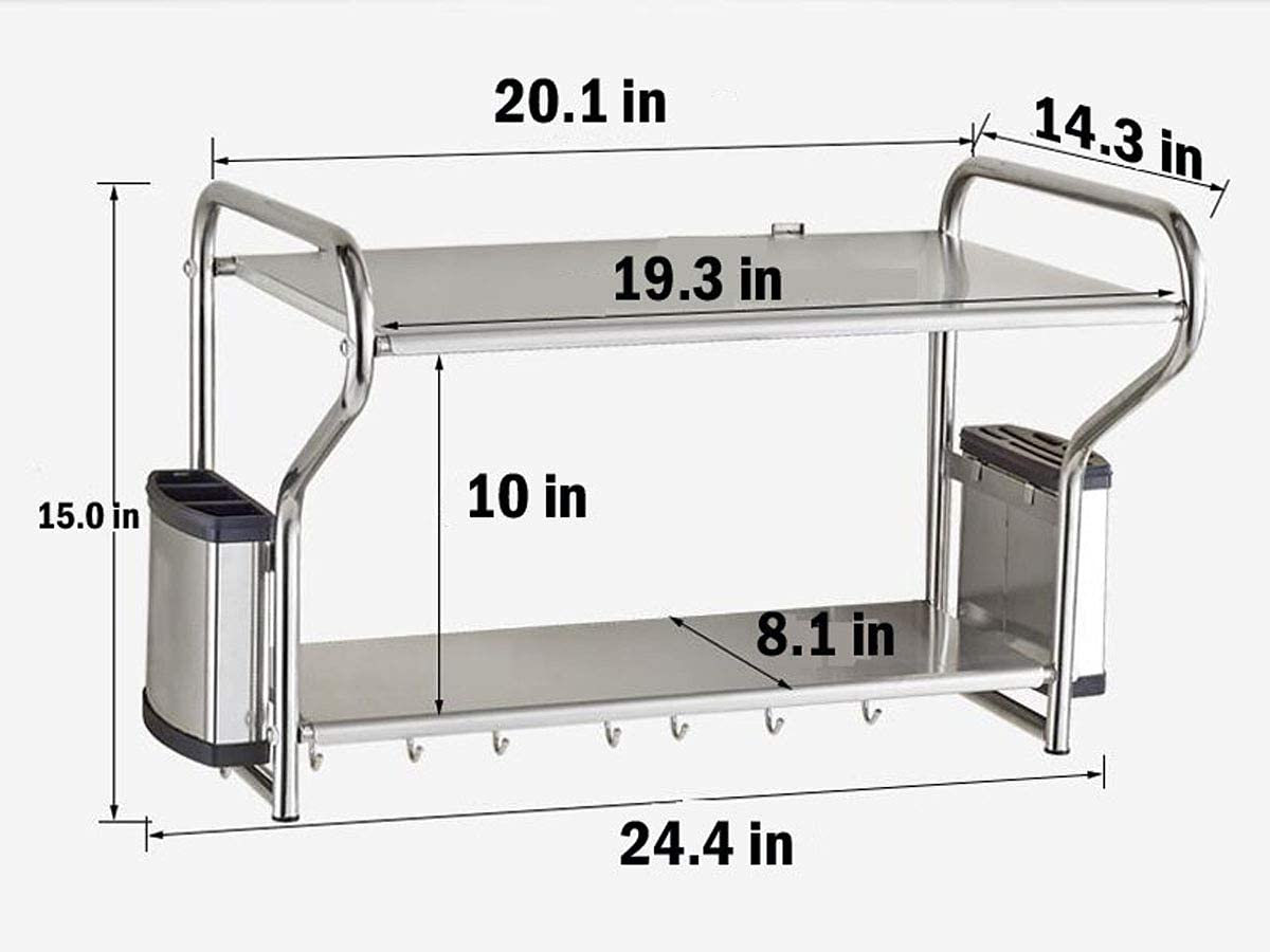 INTBUYING 2 Layer Microwave Oven Wall Mount Shelf Stainless Steel Kitchen Storage Organization with Removable Hooks