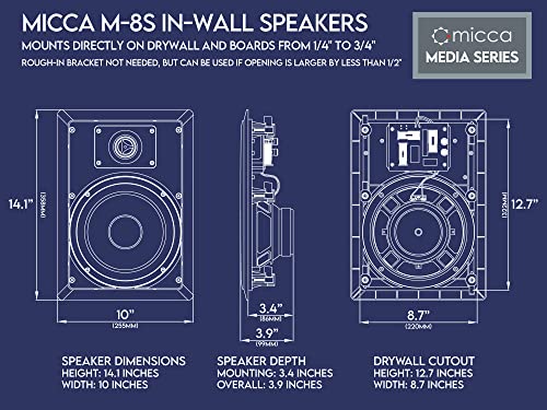 Micca M-8S 8 Inch 2-Way in-Wall Speaker for Home Theater, Whole House Audio, Indoor or Covered Outdoor Areas, 8" Poly Woofer, 1" Pivoting Silk Tweeter, White, Paintable, Each