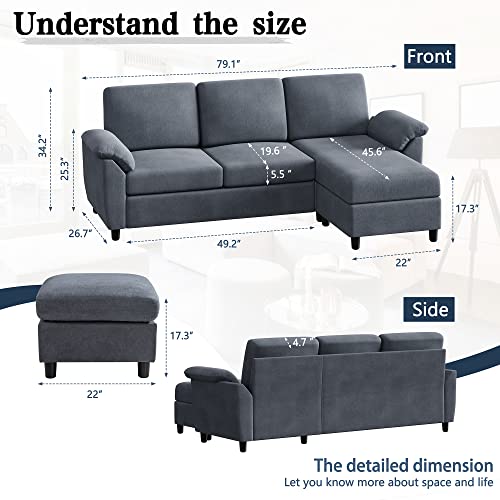 Meilocar 79β Modern Sectional Sofa Couch, Convertible L Shaped Couch with Reversible Ottoman, 3-Seat Sofa Sectional with Removable Armrest for Living Room, Apartment, Small Space, Blue Grey