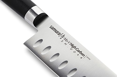 SAMURA MO-V Professional Japanese Kitchen Santoku Knife 7", Hardened to 58-61° HRC, Molybdenum-Vanadium Steel AUS-8 Blade, Ergonomic and Moisture Resistant G-10 Fibreglass Handle