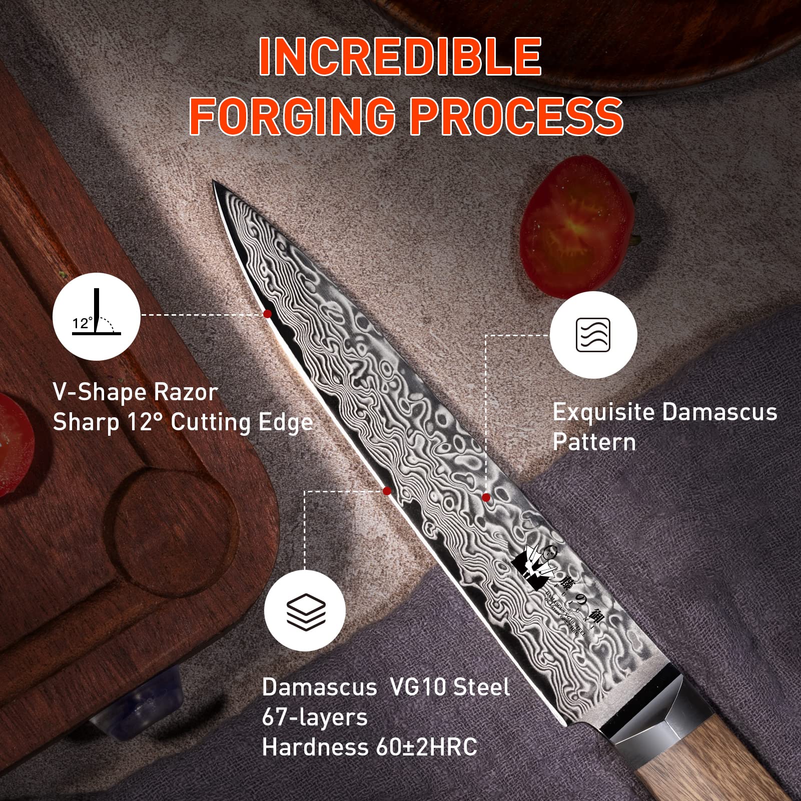 FUJUNI Kitchen Utility Knife 5 inch Damascus Small Chef Knife 67-Layer Damascus VG10 Steel Ultra Sharp Professional Paring Knife with Hexagon Natural Wood Handle