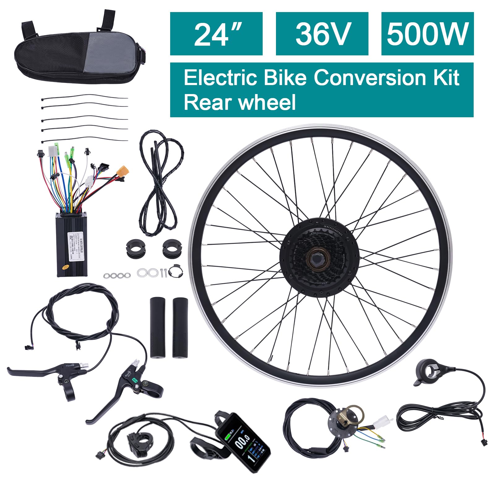E-Bike Conversion Kit, 24" 36V 500W Rear Wheel Electric Bicycle Conversion Kit, 30-35km/h Flywheel Electric Bike Hub Motor Kit, Brushless Gear Hub Motor Kit, Dual Mode Controller