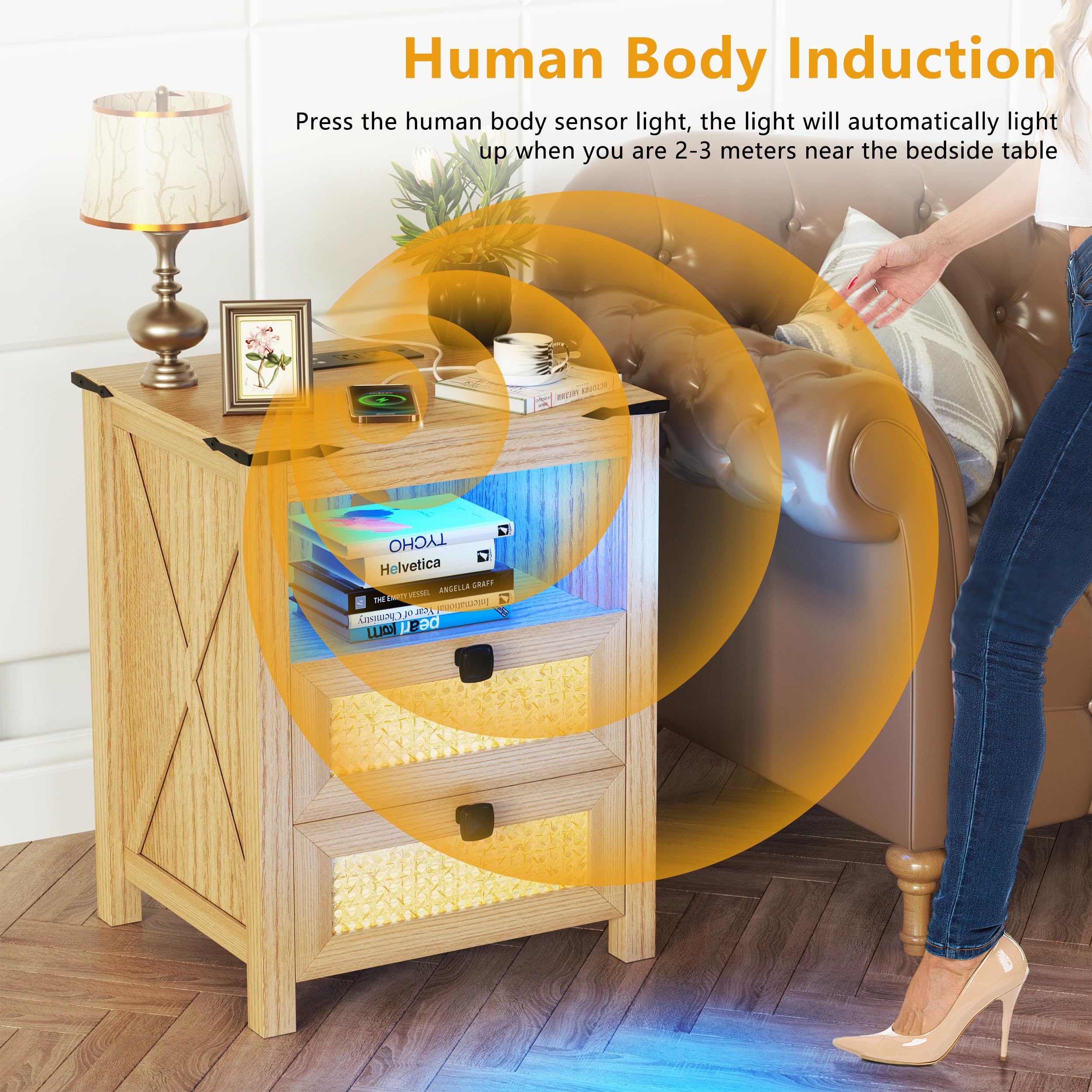 Night Stand with Charging Station, LED Nightstand with Rattan Drawers, Modern Side End Table with Human Sensor Light, Bedside Table for Bed Room Night Stand, Natural Wood (1PCS)
