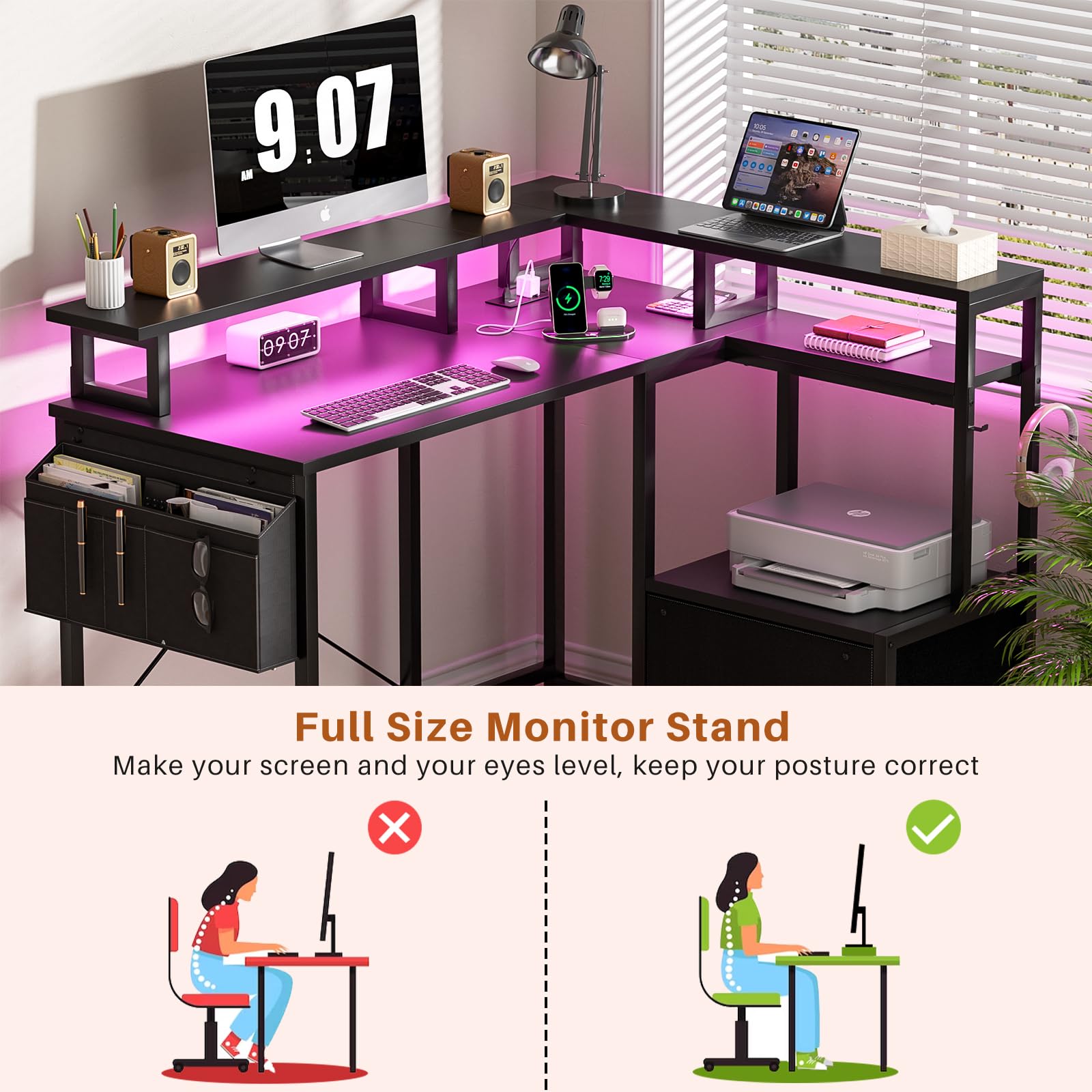 Homieasy Small Computer Desk with File Drawer Cabinet, L Shaped Office Desk with Printer Stand & Monitor Stand, 39 Inch Gaming Desk with Power Outlets Led Light Storage Bag Hanging Hooks, Black