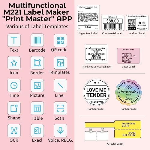 Phomemo Label Maker, Pink M221 Upgrade Barcode Label Maker, Portable Bluetooth Thermal Inkless Label Printer for Phomemo Labels, Small Business, Clothing, Address, Mailing, Support Phone& PC