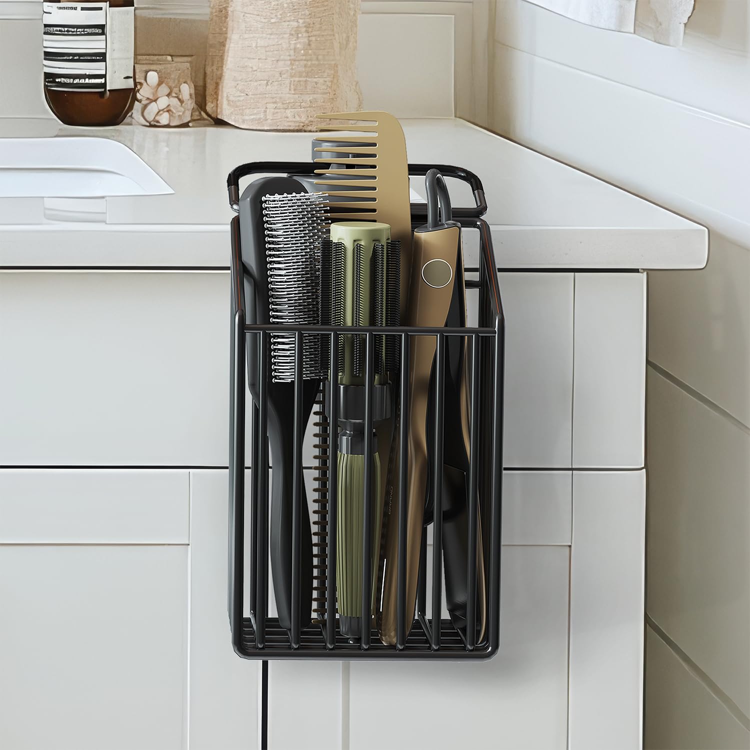 NiHome Hot Hair Tool Holder Basket, Versatile Storage for Curling Irons and Heat Tools with Suction Cup and Hook Installation, Sturdy Iron Multifunctional Use for Bathroom Countertop Organization
