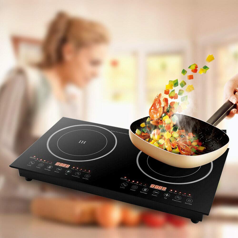 Dual Electric Induction Cooker, 110V 1200w Portable Digital Countertop Double Burner Cooktop Burner Sensor Touch Stove with 8 Gear Firepower, Double Induction Cooktop Cooker Fit for Iron Pot
