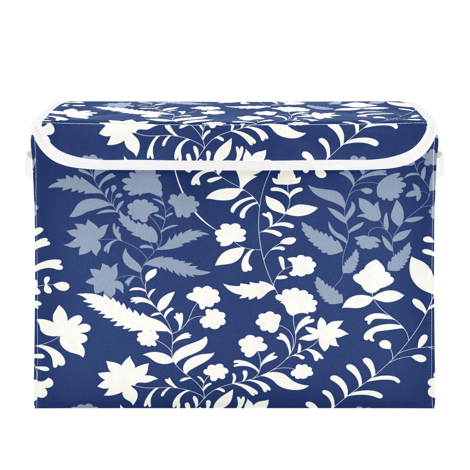 Flradish Blue and White Flowers Collapsible Storage Box with Lid Closet Organizer with Handle Washable Stackable