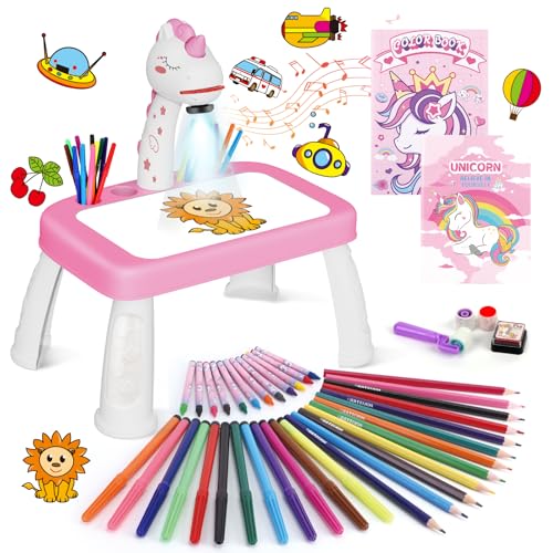 Hoarosall Drawing Projector for Kids, Drawing Board with Music, Color Pens, Pencils, Crayons, Scrapbook, Sticker Book, Unicorn Stickers, Stamps, Ideal Toy for 3+ Year Old Girls & Boys (Unicorn Kit)