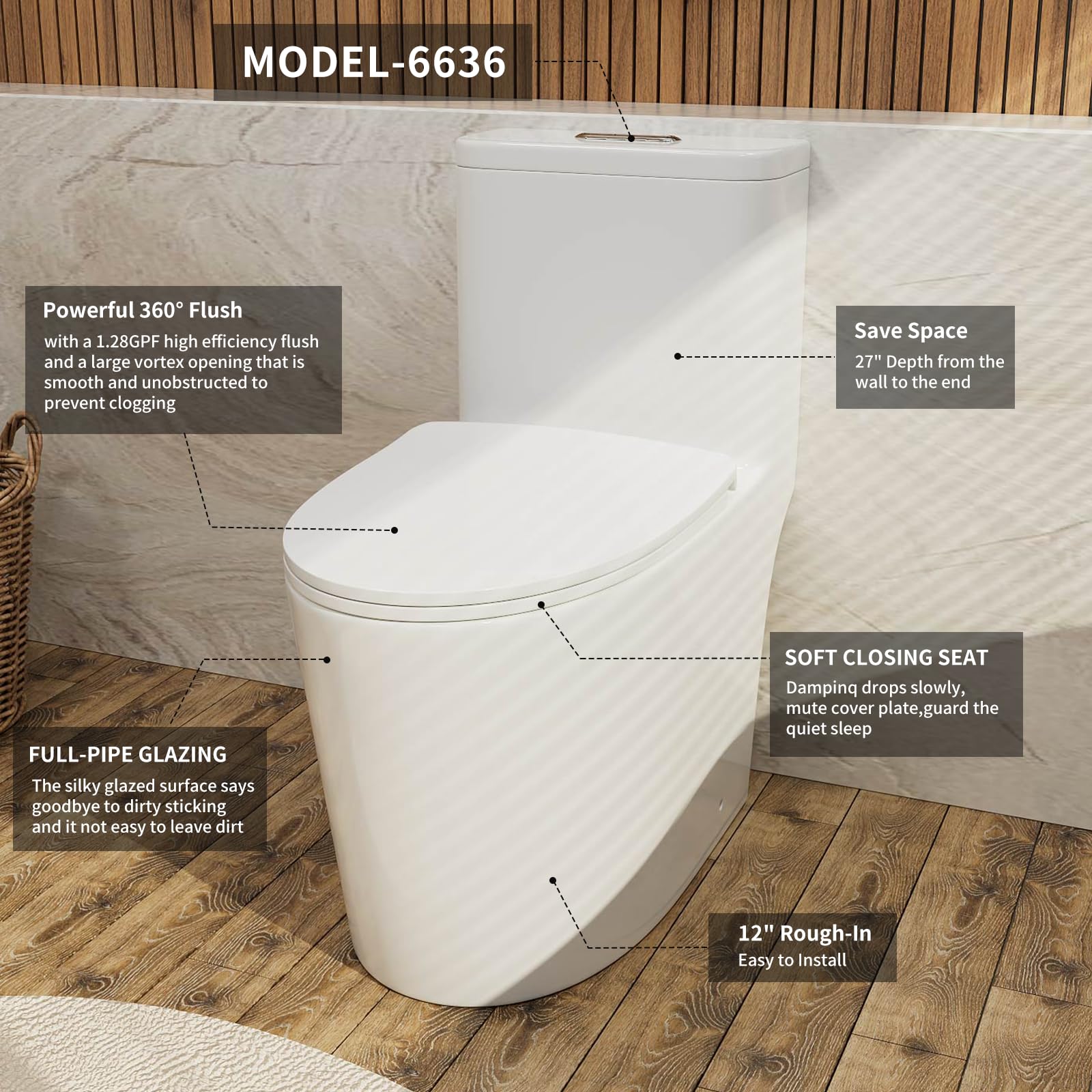 Dual Flush Elongated Standard One Piece Toilet with Comfortable Seat Height, Powerful & Quiet Dual Flush Modern Toilet, 12'' Rough-In, Glossy White,6636