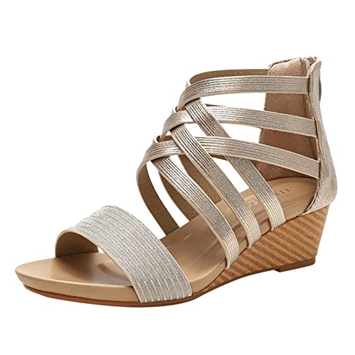 FASDNENDYS Women Wedge Strap Sandals Summer Boho Shoes Comfortable Open Toe Elastic Strap Sandals Bling Summer Sandals for Women