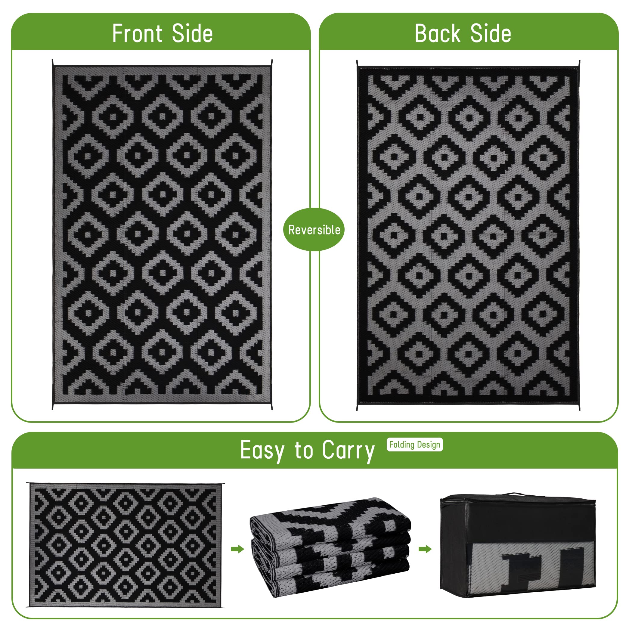 Easy-Going Reversible Outdoor Rugs 5x8ft Waterproof Plastic Straw Rug Stain & UV Resistant Floor Mat for Patio Porch RV Backyard Pool Deck Picnic Beach Trailer Camping (Diamond/Gray & White)