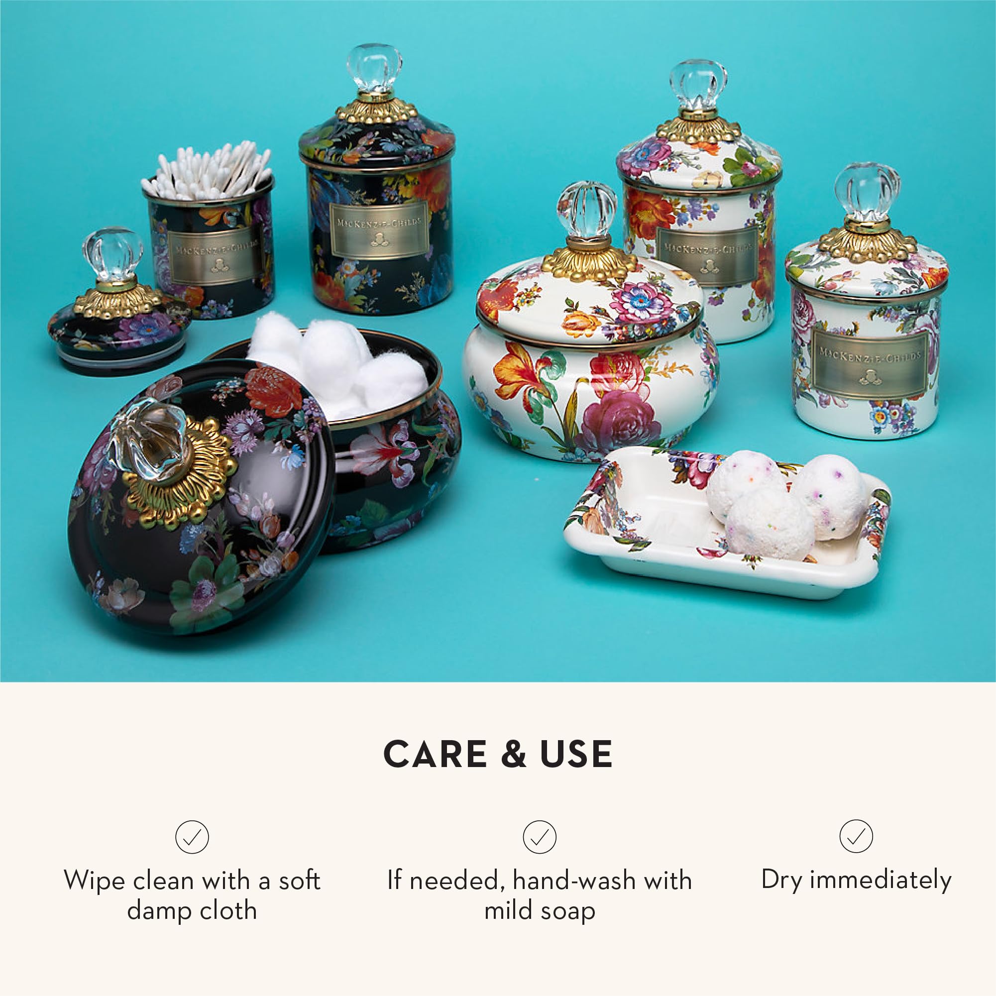 MACKENZIE-CHILDS Demi Enamel Canister, Kitchen Storage Container for Sugar or Loose-Leaf Tea, 24 Ounces, White Flower Market