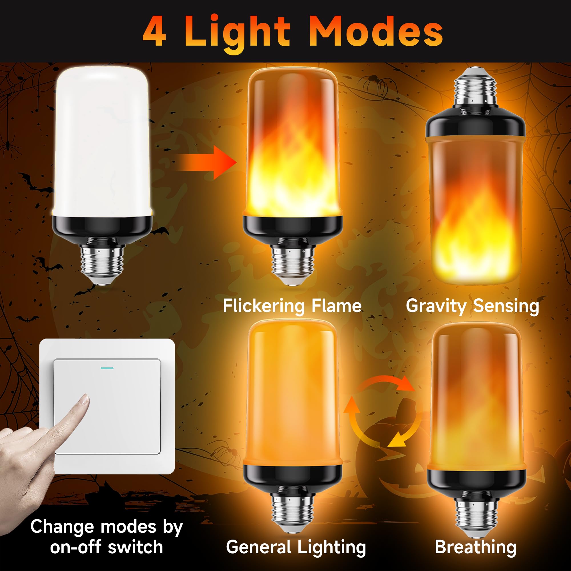 hyrion LED Flame Light Bulbs, 4 Modes Flickering Light Bulbs, E26 Base Fire Flame Bulb with Upside Down Effect, Halloween, Christmas Party Porch Outdoor Indoor Home Decor (2 Pack)
