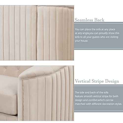 Merax Mid-Century Modern 3 Seater Sofa with Thick Removable Seat Cushion, and Rubber Wood Legs, Velvet Upholstered Couch for Living Room, Bedroom, or Small Space, Beige
