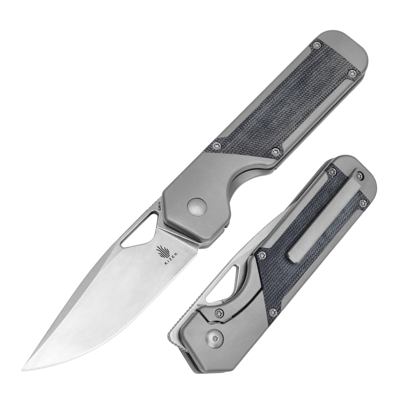 Kizer Militaw Pocket Knife 3.35 Inches Stonewashed S35VN Steel Blade EDC Knife, Titanium+Micarta Handle with 3D Pocket Clip, Ki3634A1