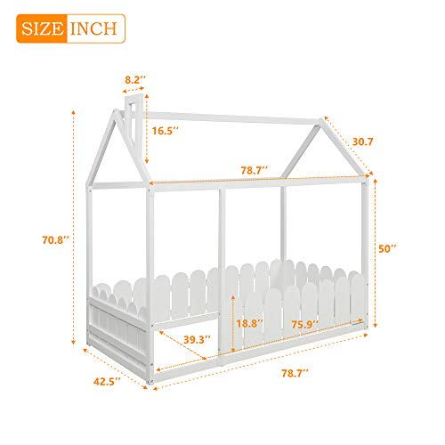 Merax Twin Size House Bed Frames Platform Bed with Fence for Boys or Girls, Box Spring Needed(Slats Kit Not Included), White