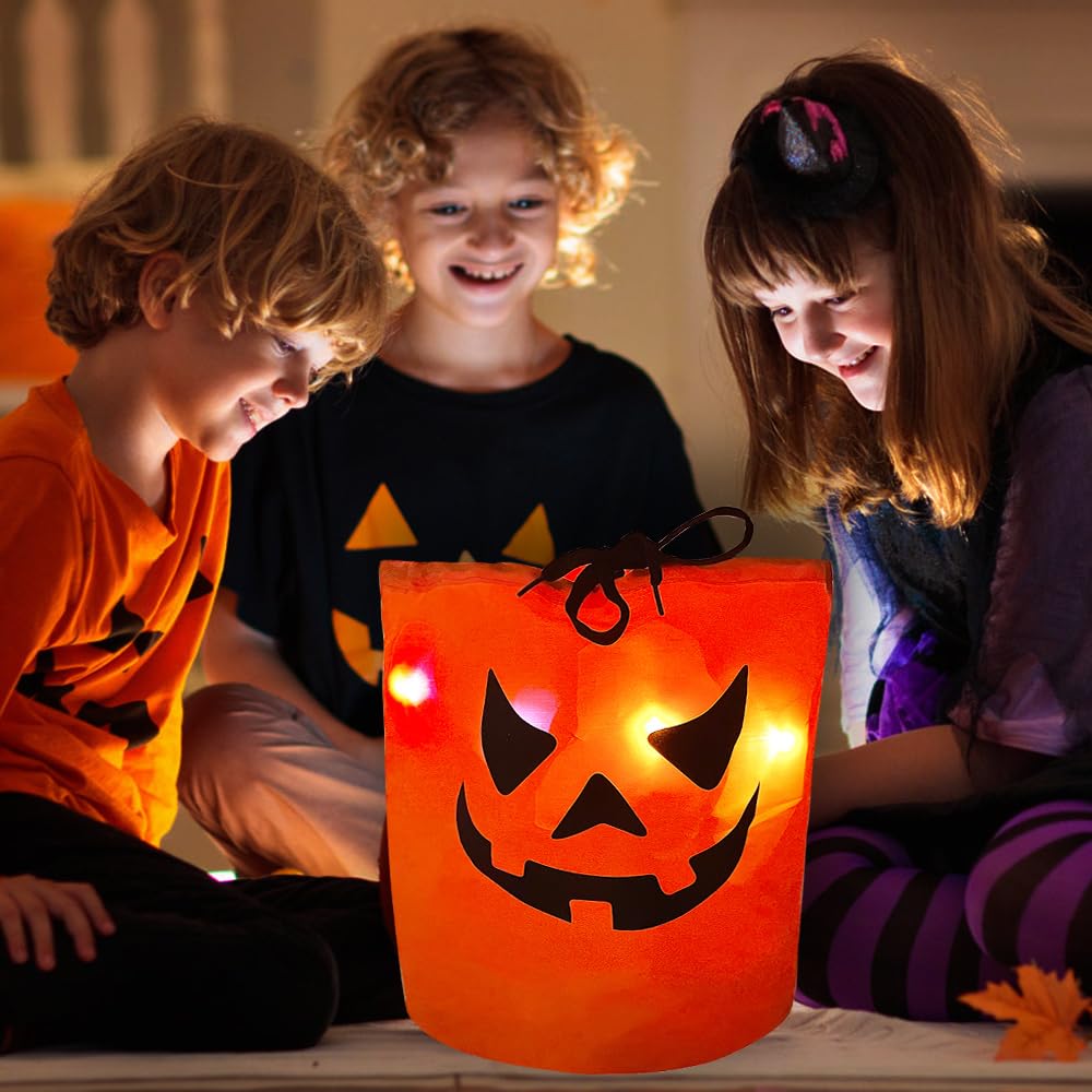 JXITON Halloween Drawstring Candy Bags Light up Multipurpose Halloween Trick or Treat Candy Bag with Pumpkin Smile Face Reusable Orange Goodie Bags for Kids(3 Pcs)
