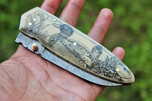 DKC Knives (3 7/18) DKC-71 DUCK POND BONE Damascus Folding Pocket Knife 5" Folded,8.5" Open 8 Oz very solid sophisticated knife. Mallard Duck Hunting Custom Engraved
