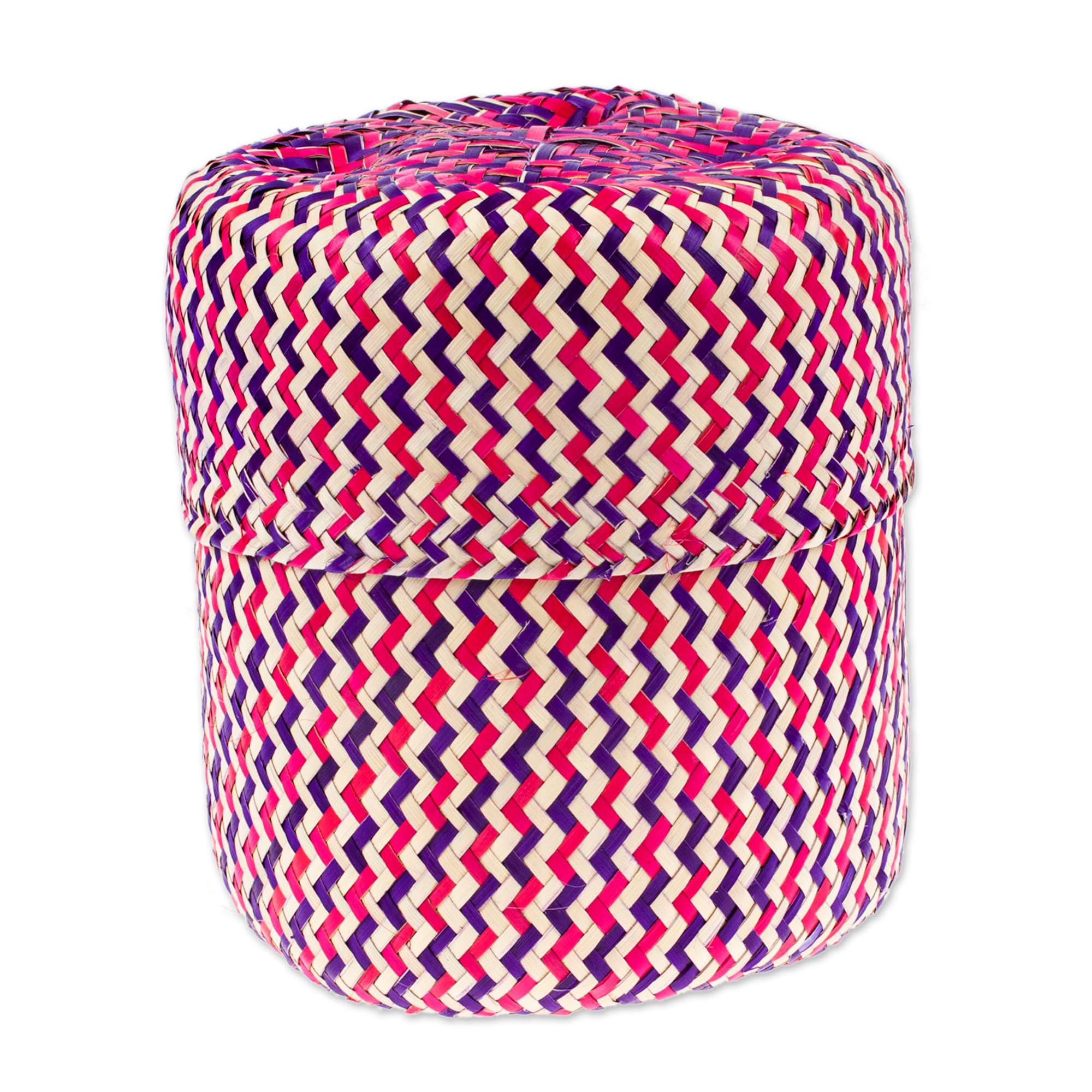NOVICA Handmade Natural Fiber Basket Fuchsia with Lid from Palm in Multicolor Decor Accessories Hacienda Tropical Geometric 'Tiger in Fuchsia'