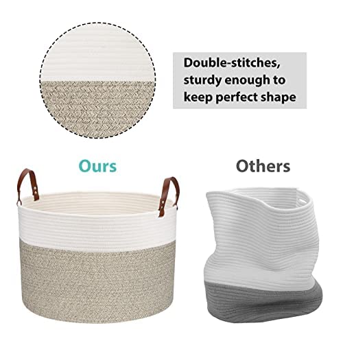 Hombins Large Storage Baskets Cotton Rope Baskets for Storage, 20"X20''X13'' Woven Toy Box Large Blanket Basket for Living Room Storage Laundry Basket with Leather Handle