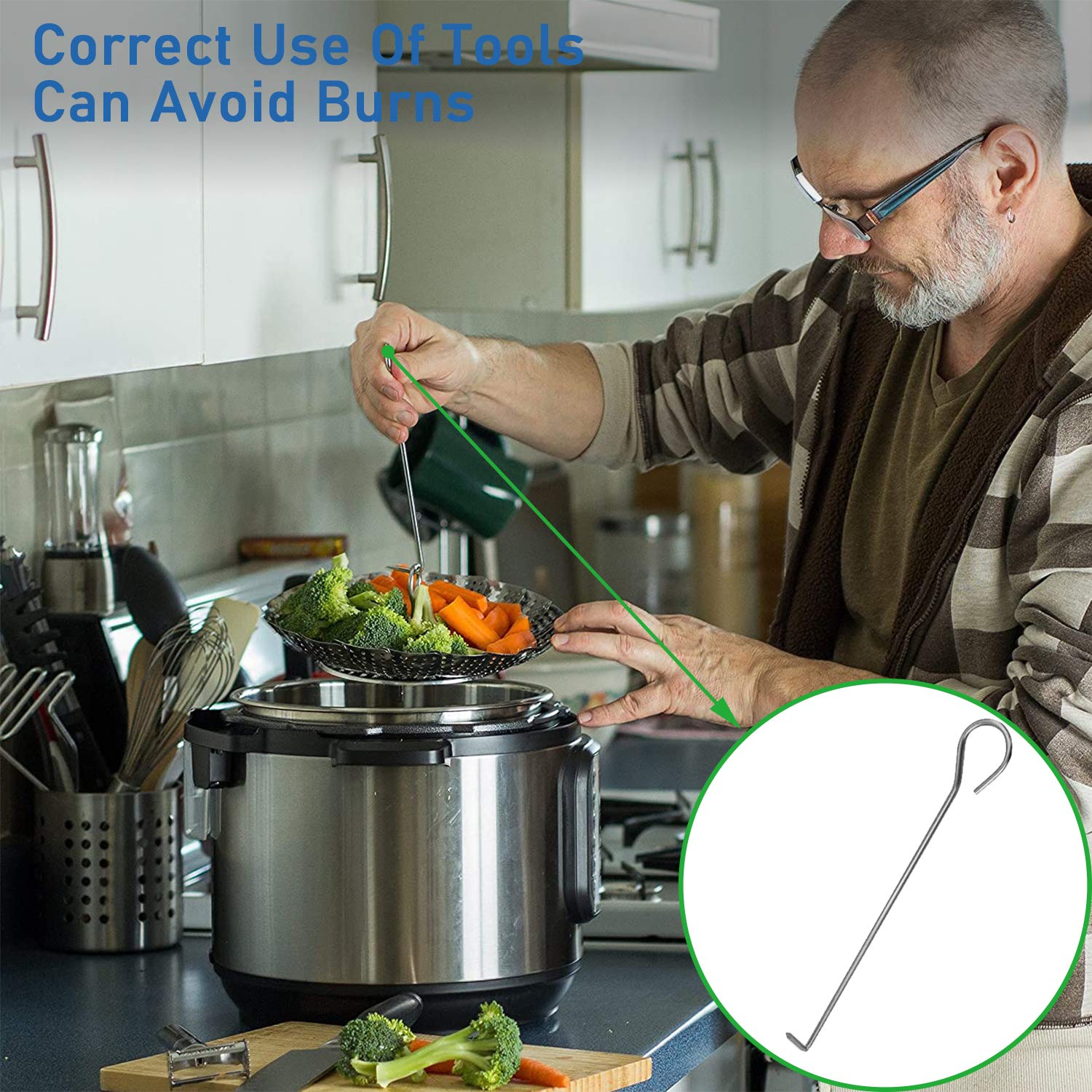 Steamer Basket Stainless Steel Vegetable Basket Metal Handle Folding Silicone Feet Steamer Insert for Cooking Veggies Fish Seafood Include Safety Tool,Fit Various Pot Pressure Cooker (5.5" to 9")