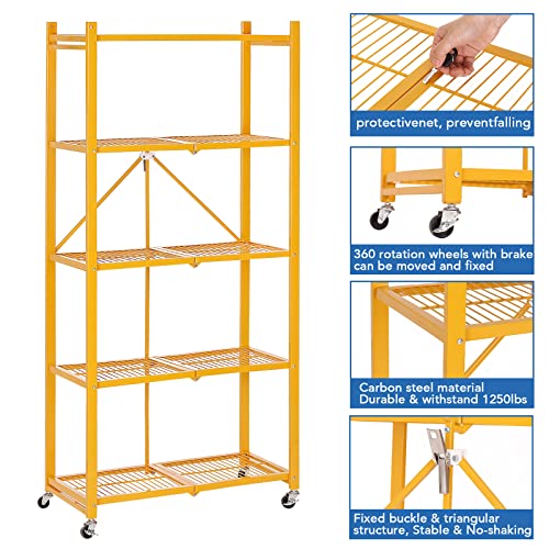 ShanSon Storage Shelves with Wheels 5 Tier Heavy Duty Foldable Metal Rack Storage Shelving Units for Garage Kitchen,Yellow