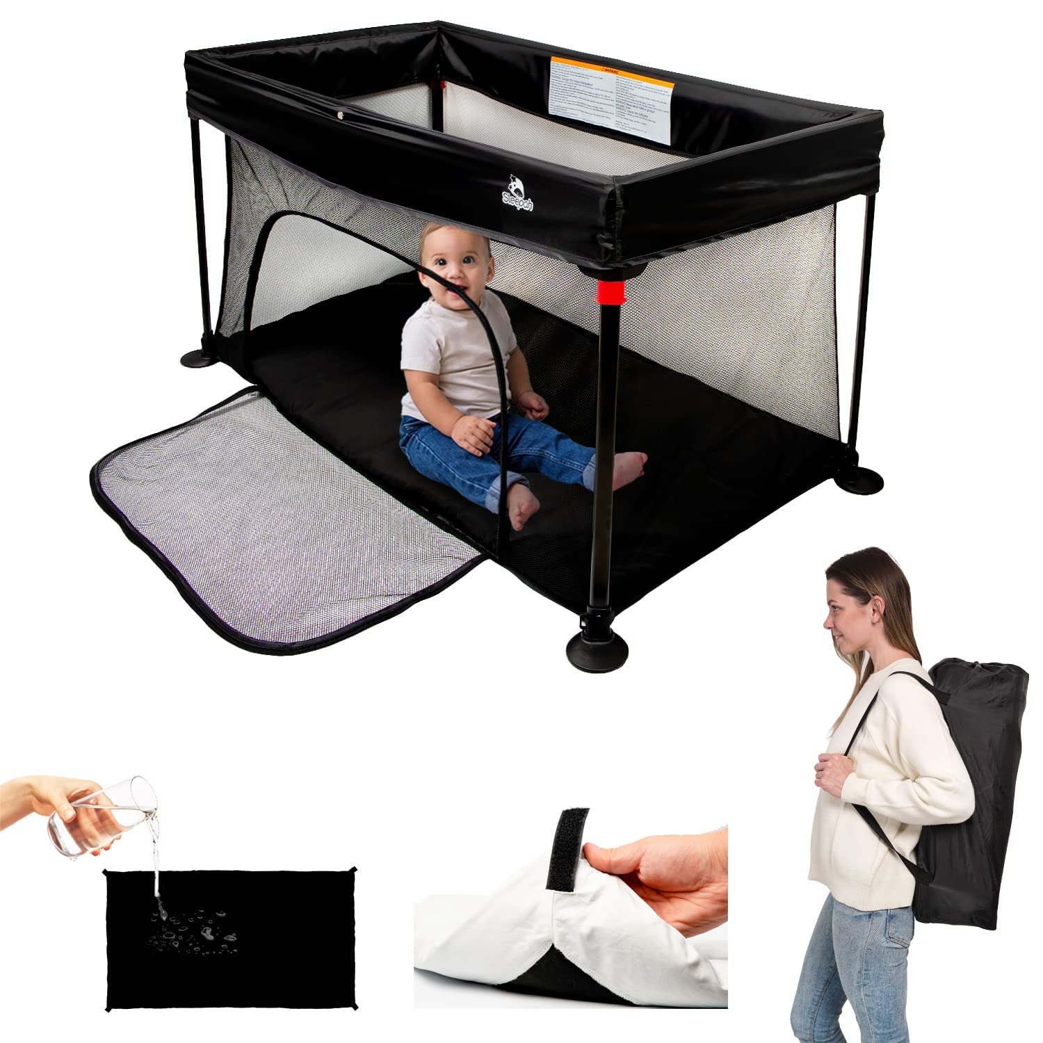 Foldable Travel Crib - Super Lightweight Portable Play Pen + Waterproof Mattres & 100% Cotton Fitted Sheet Bundle - Easy to Pack Fits in a Suitcase Sets up in 30sec Safe for Infantts & Toddler Black