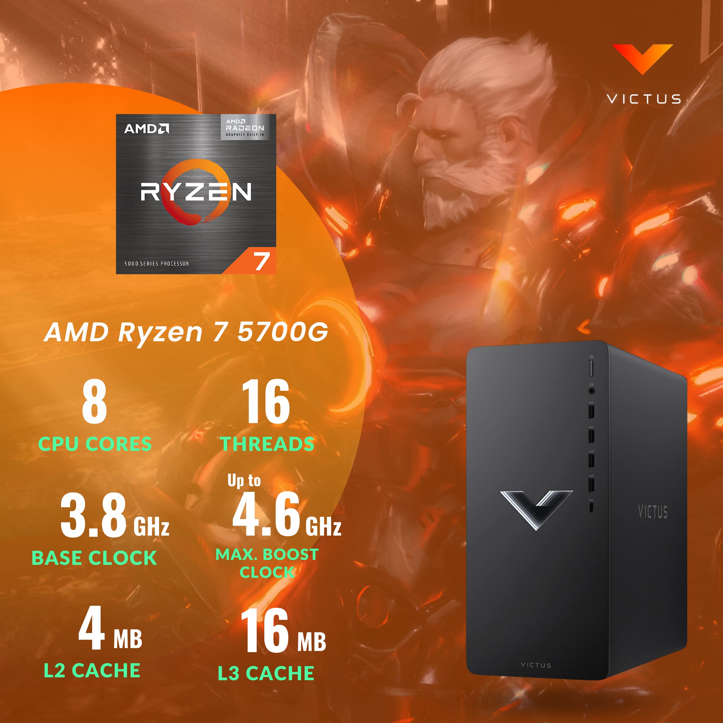HP Victus 15L PC Gaming Desktop, AMD Ryzen 7 5700G Processor(8 cores,16 Threads), 32 GB RAM, 2 TB SSD, Radeon RX 6600XT Graphics(8 GB GDDR6), WiFi 6, Bluetooth, USB-C, DiplayPort, Windows 11 Home