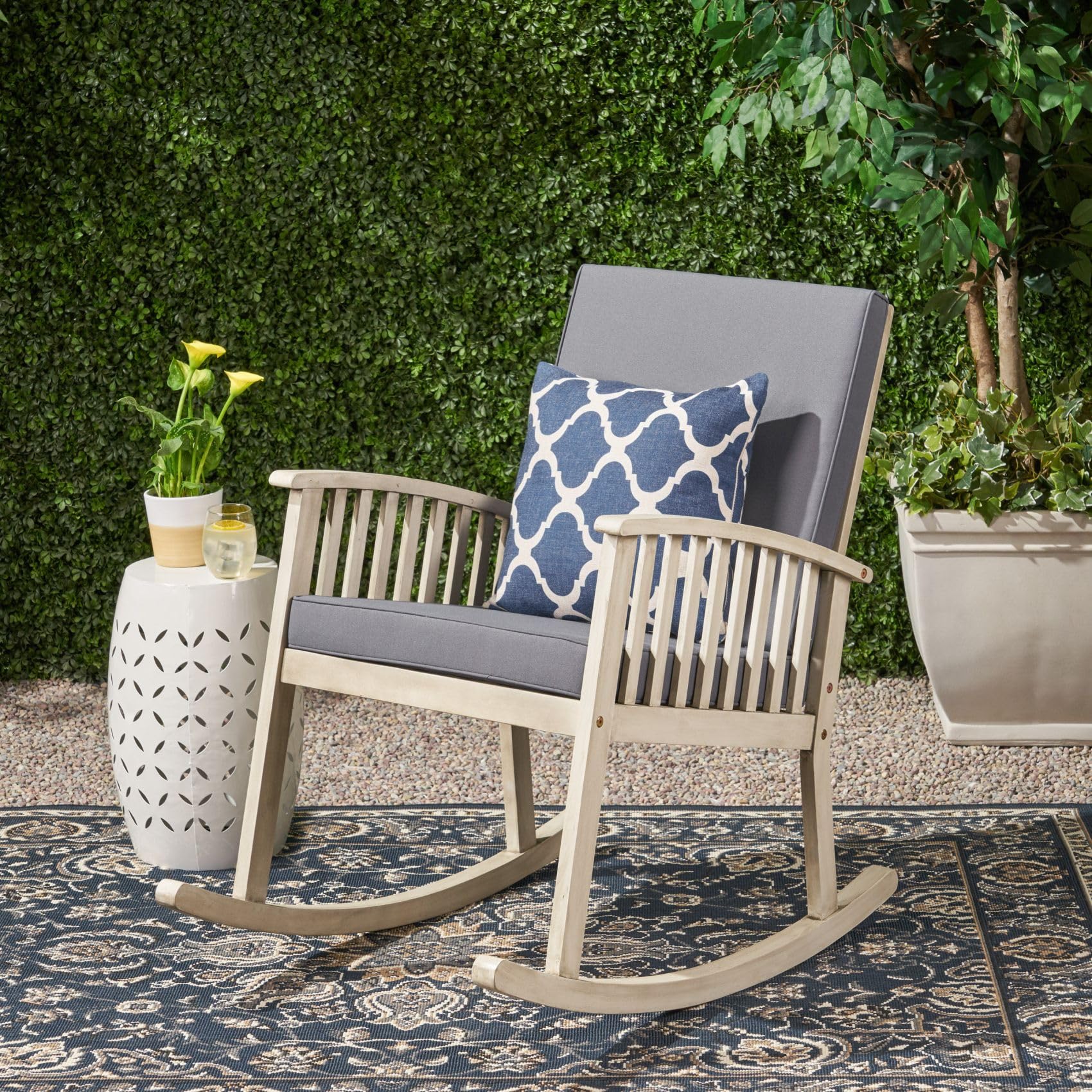 Merax Outdoor Rocking Chair, Acacia Wood Ready Lazy Sofa Seating with Cushion for Patio, Front Porch, Balcony, Indoor, Grey